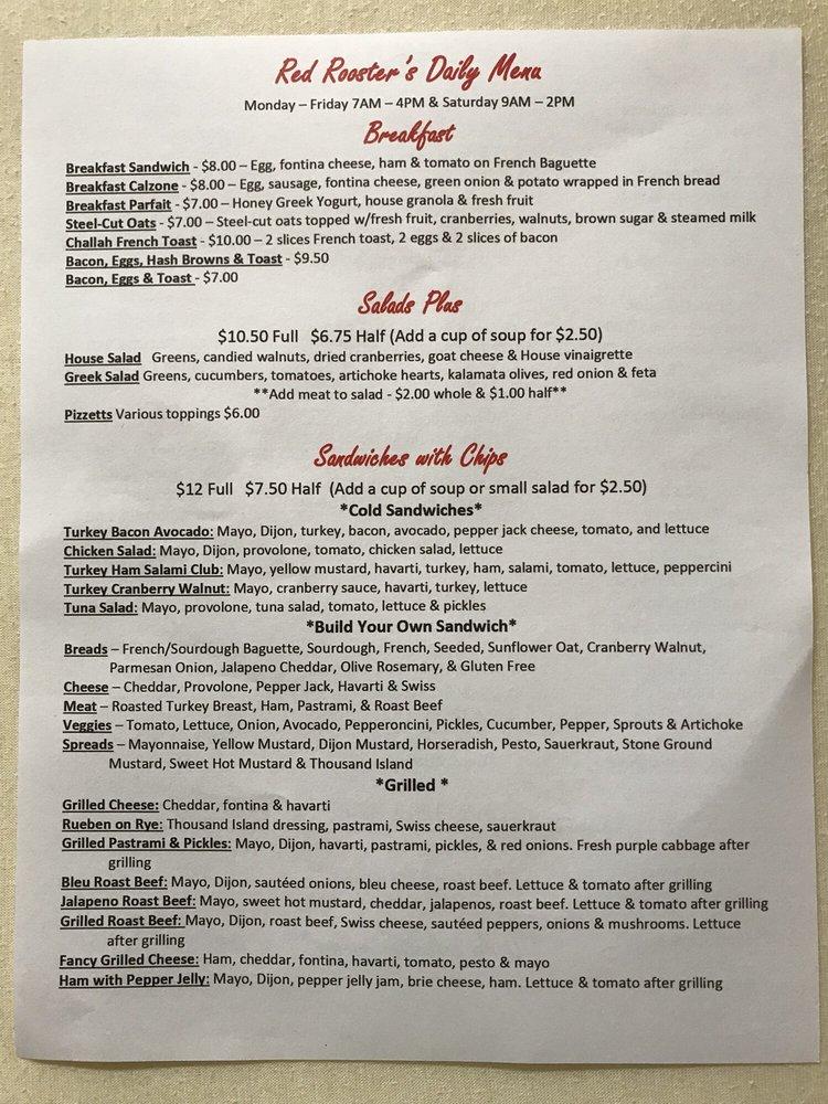 Menu at Red Rooster Artisan Bakery, Hamilton