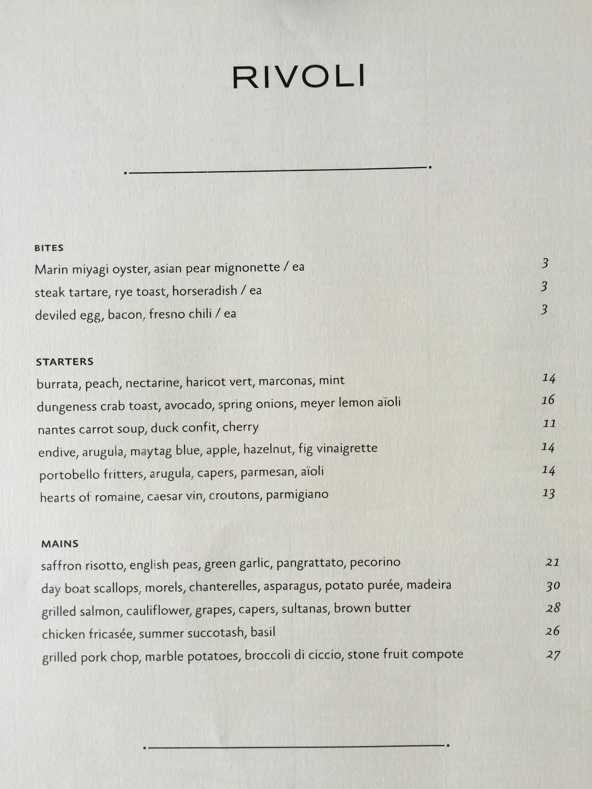 Menu at Rivoli pub & bar, Berkeley