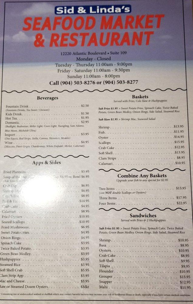Menu at Sid & Linda's Seafood Market restaurant, Jacksonville