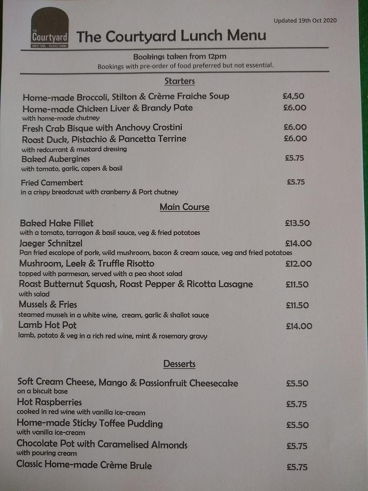 Menu at The Courtyard restaurant, Cupar