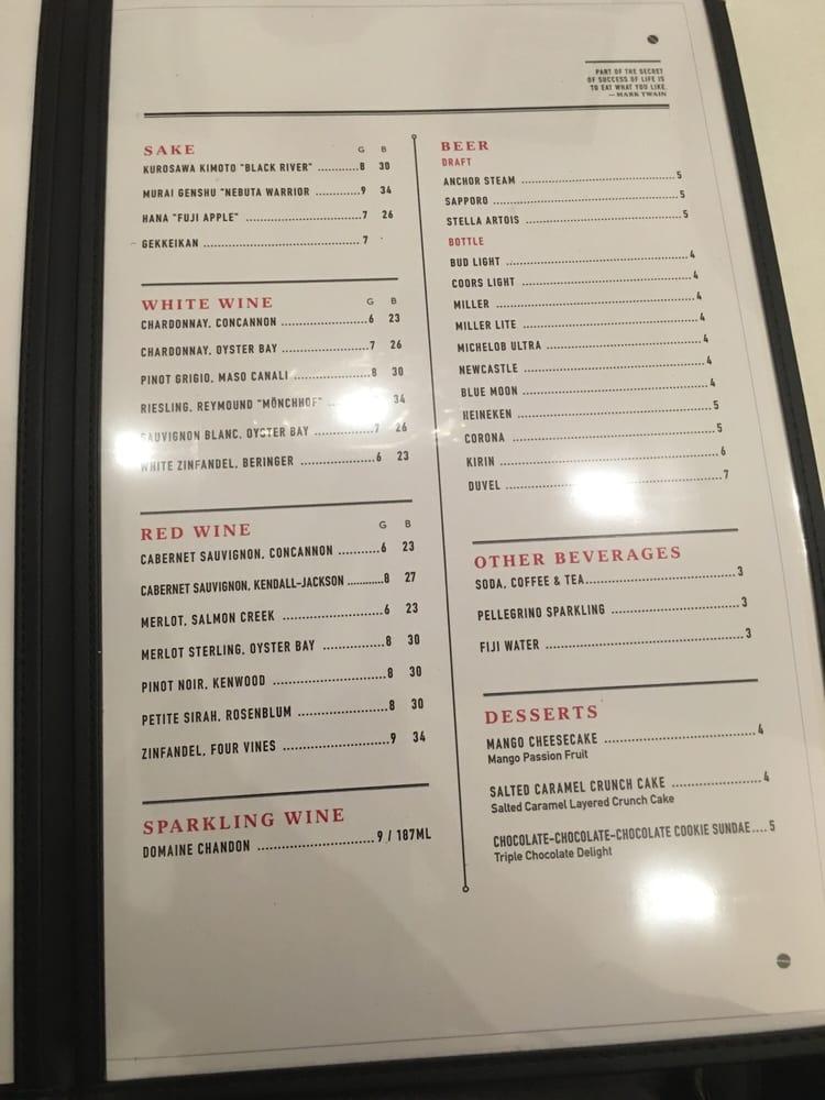 Menu at Briggs Oyster Company restaurant, Las Vegas