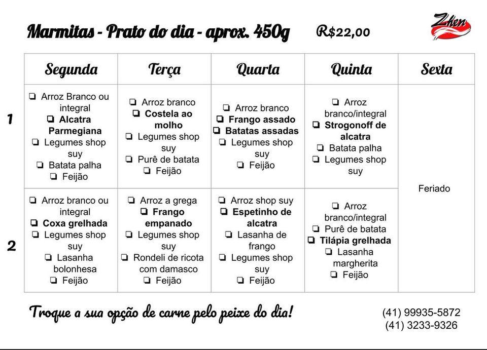 Menu at Buffet Zhen restaurant, Curitiba