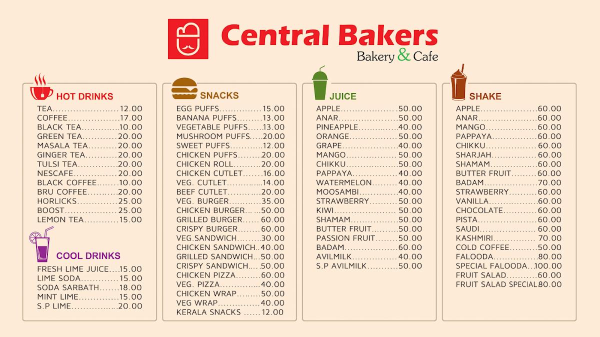 Menu at Central Bakers, Ambalavayal