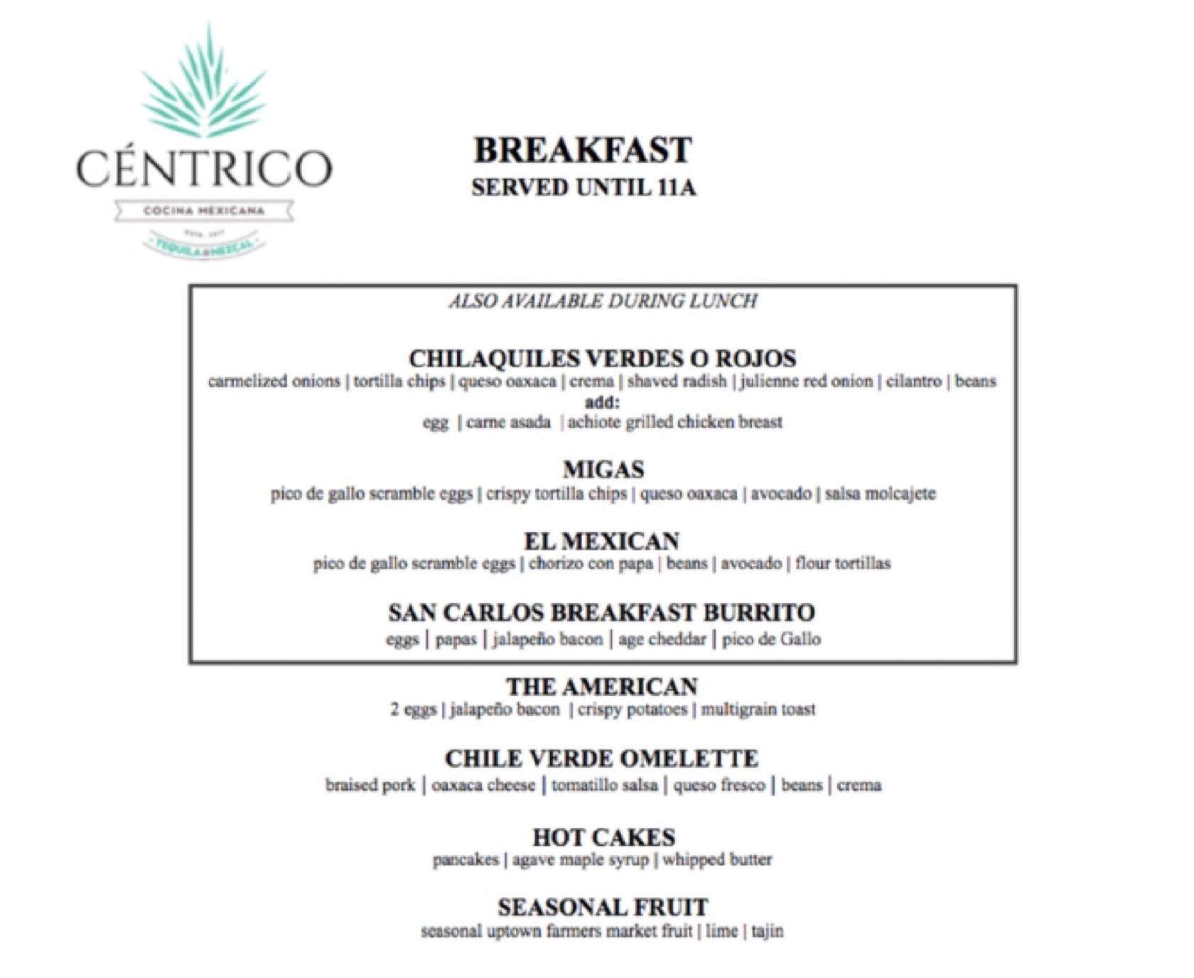 Menu at Centrico pub & bar, Phoenix