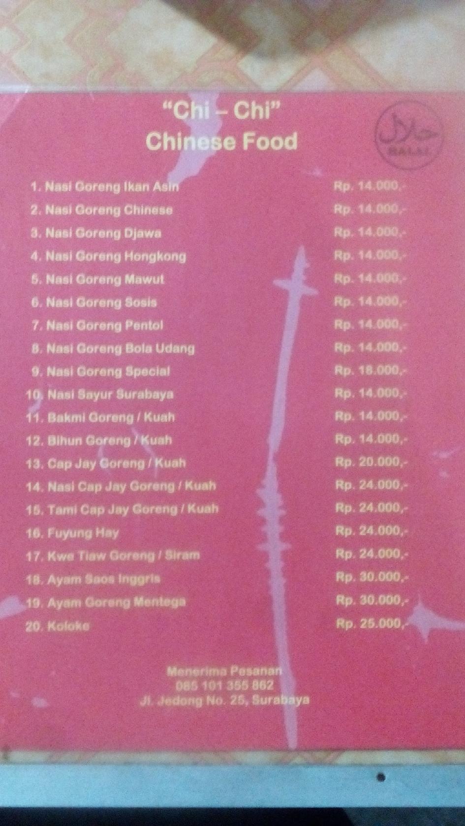 Menu at Chi-Chi Chinese Food restaurant, Surabaya
