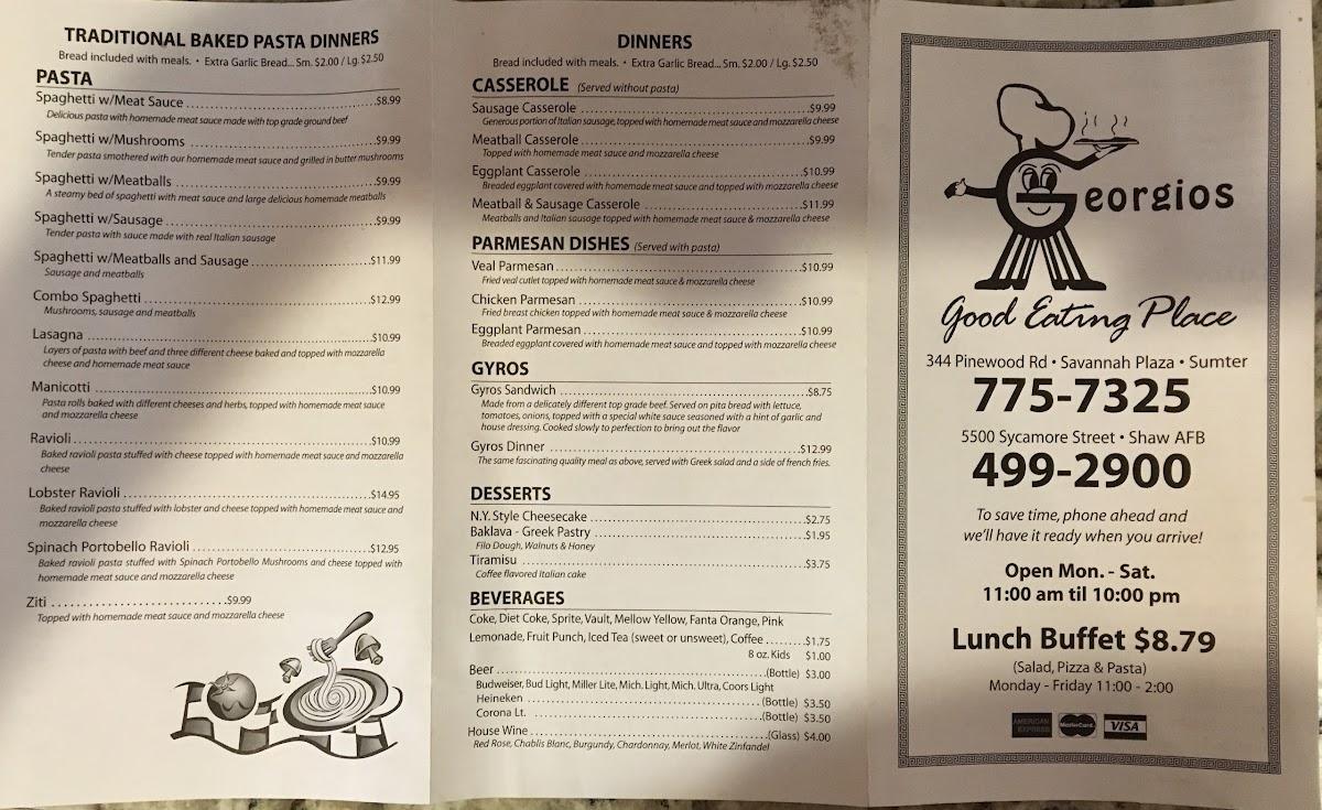 Menu at Georgio's II Famous Pizza pizzeria, Sumter, 344 Pinewood Rd