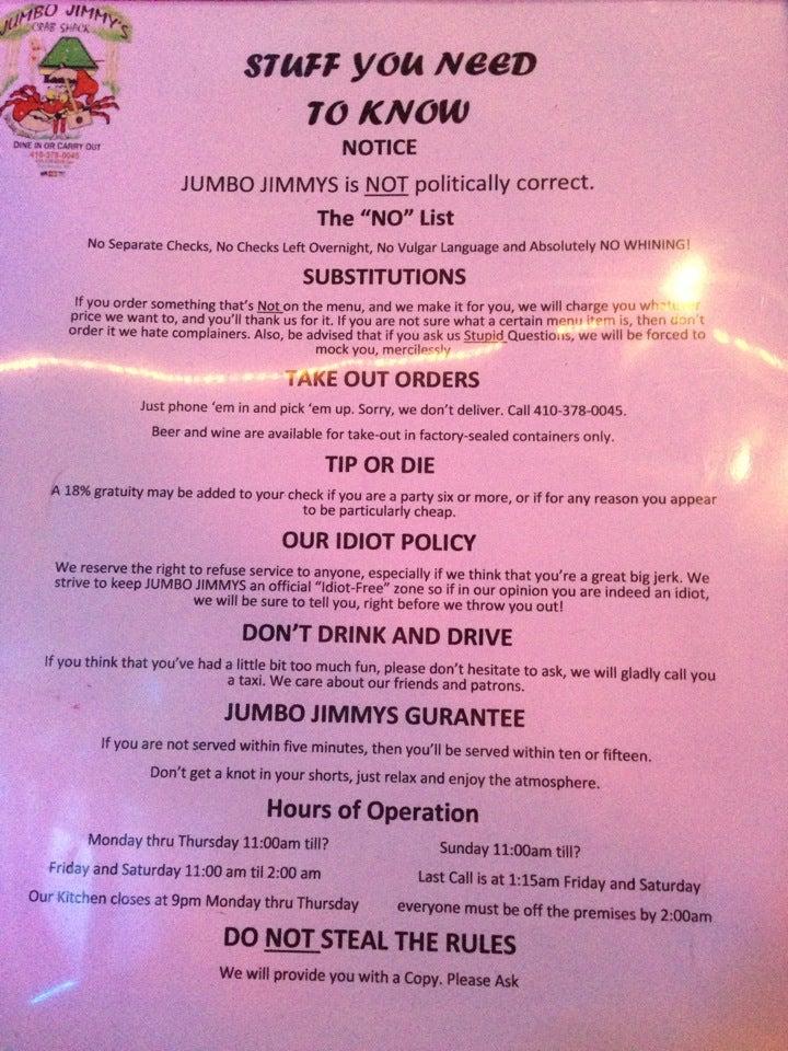 Menu at Jumbo Jimmy's Crab Shack restaurant, Port Deposit