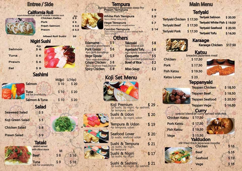 Menu at KOJI JAPANESE RESTAURANT, Invercargill