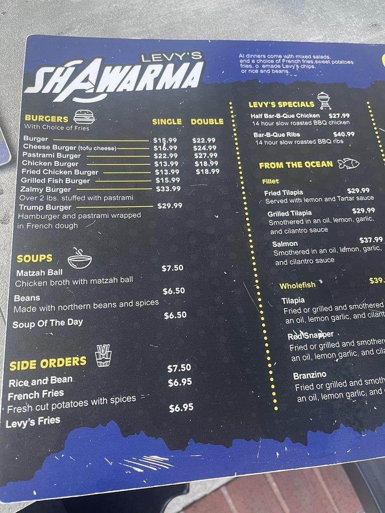 Menu at Levy’s Shawarma restaurant, Aventura