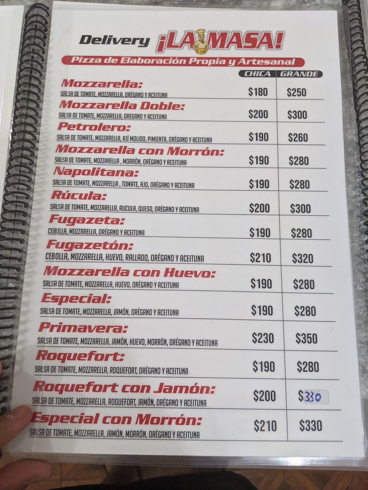 Menu at Pizzería La Masa, Argentina