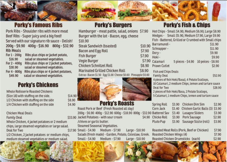 Menu at Porky's restaurant, Mermaid Waters