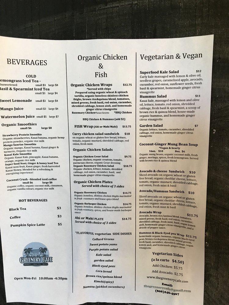 Menu at The Greenery Cafe, Lihue