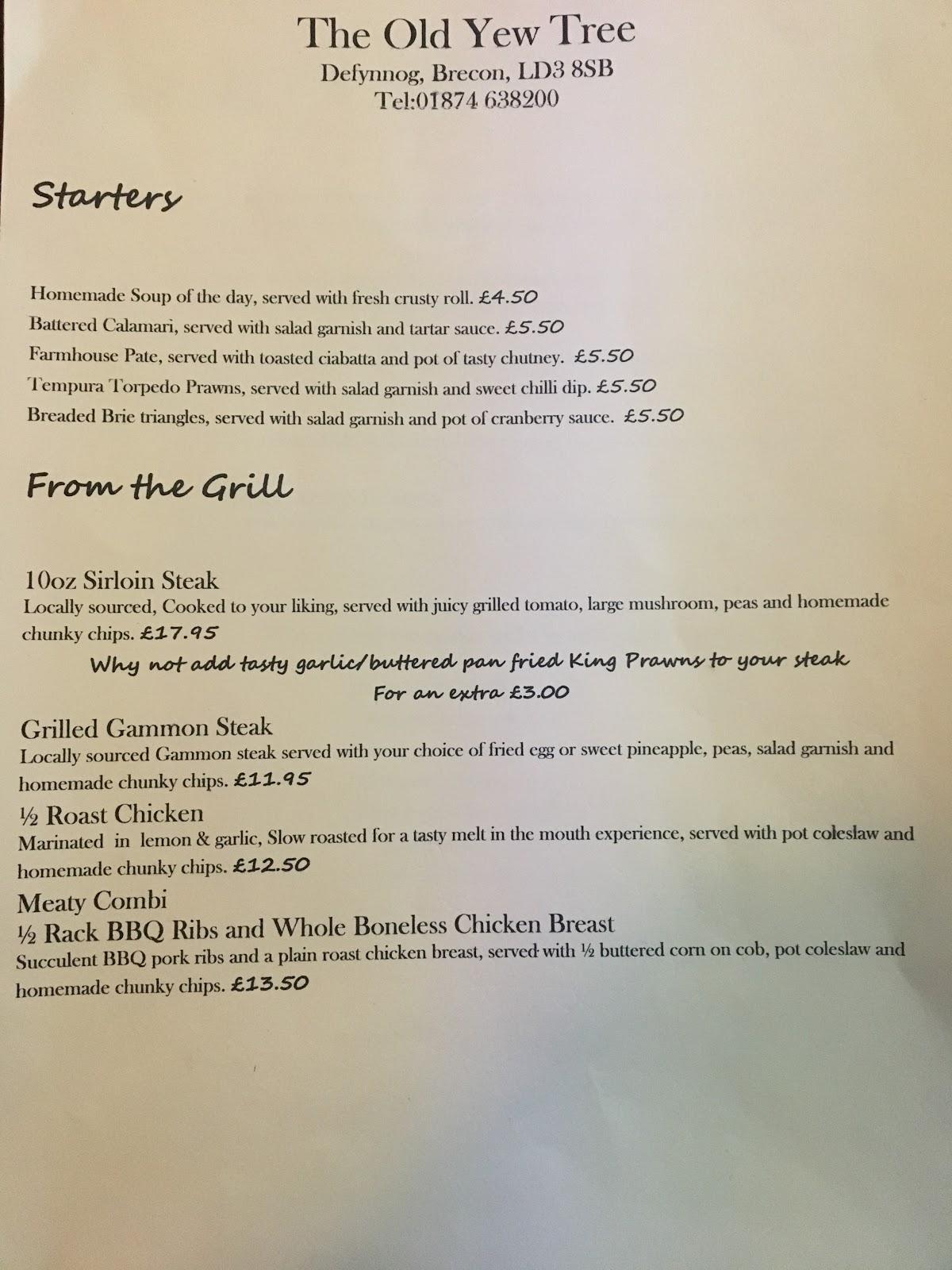 Menu at The Old Yew Tree pub & bar, Defynnog