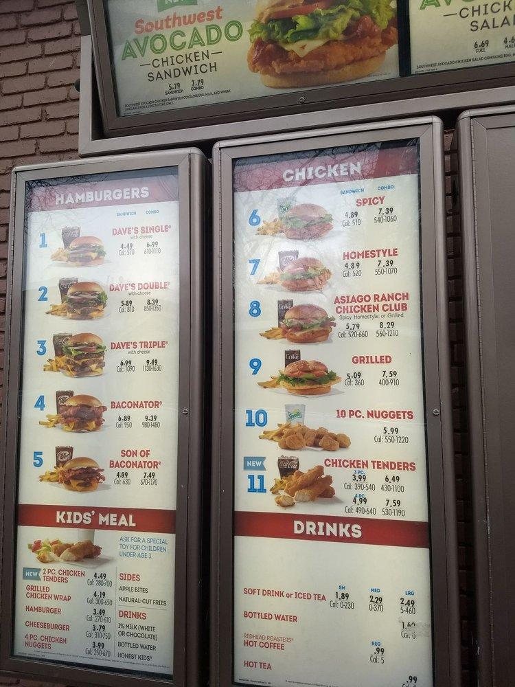 Menu at Wendy's fast food, Clark, 59 Central Ave