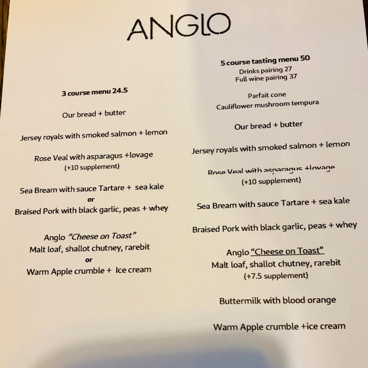 Menu at Anglo restaurant, London, 30 St Cross St