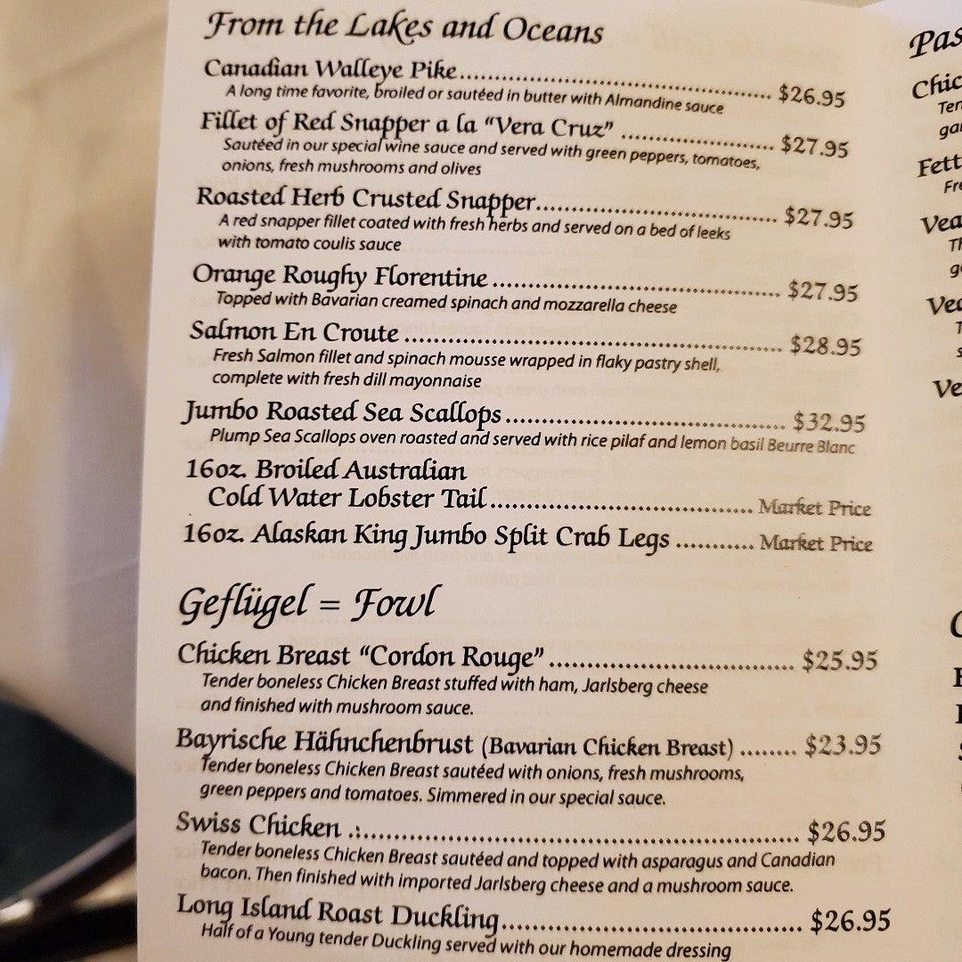Menu at Chef Klaus' Bier Stube restaurant, Frankfort