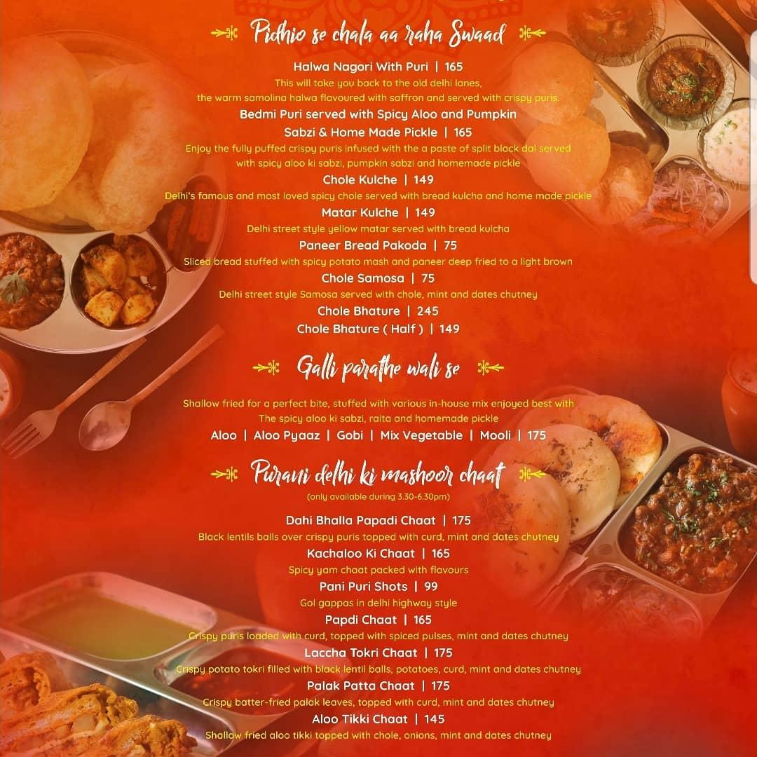 Menu at Delhi Highway, Bengaluru
