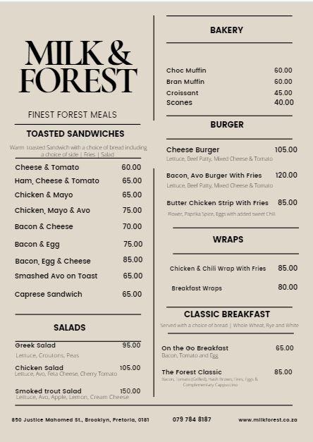 Menu at Milk & Forest restaurant, Pretoria