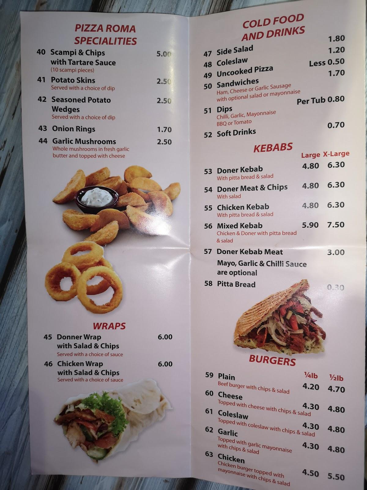 Menu at Pizza Roma pizzeria, Appleby-in-Westmorland