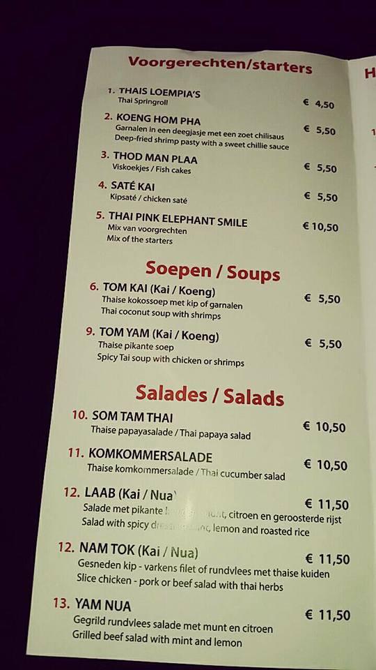 Menu at Thai Pink Elephant, Utrecht