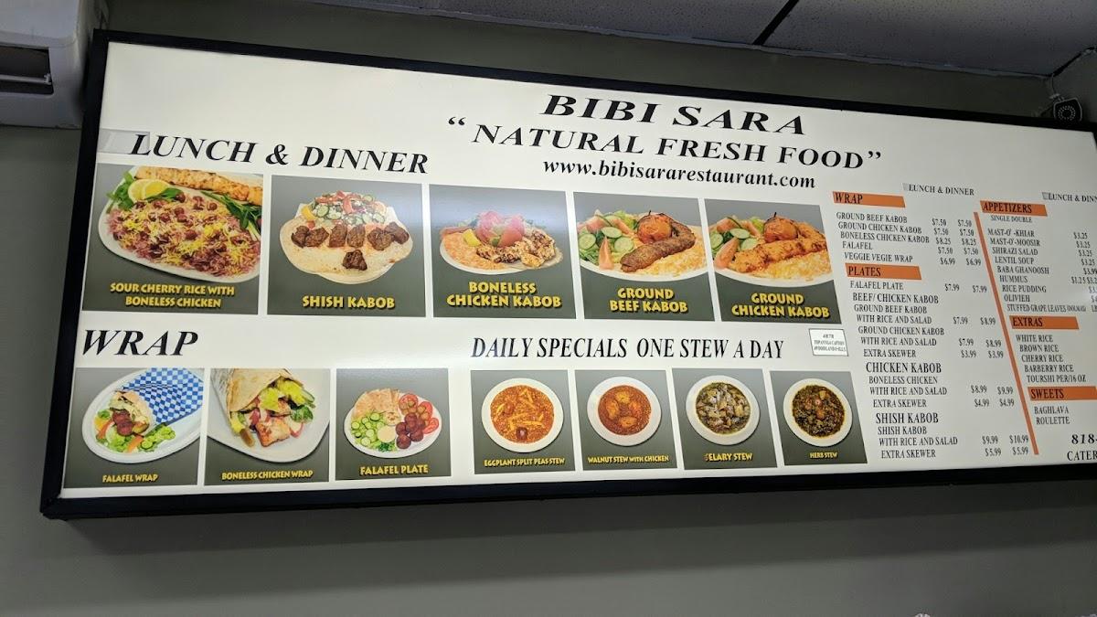 Menu at Bibi Sara restaurant, Los Angeles, Topanga Canyon Blvd