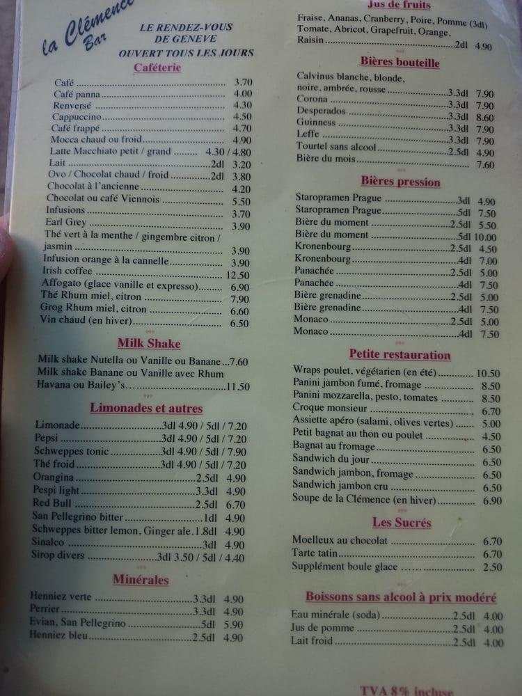 Menu da Café La Clémence, Ginevra, Place du Bourg-de-Four 20