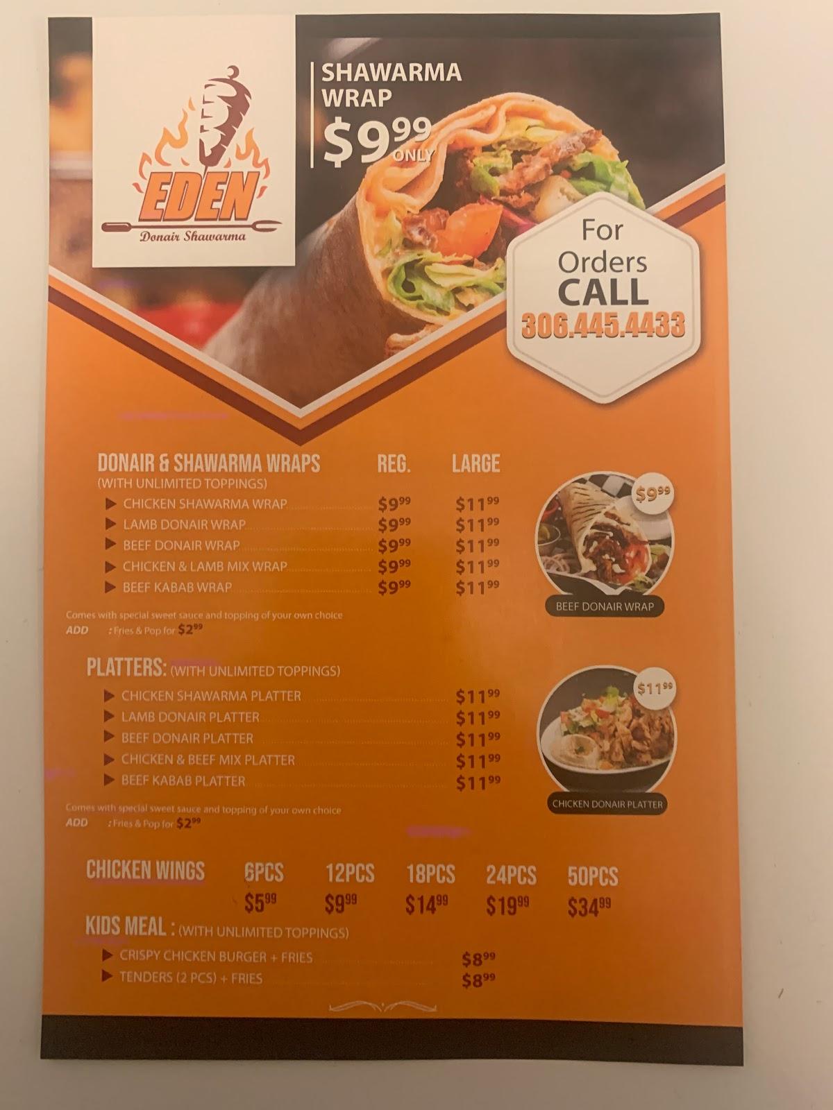 Menu at Eden Donair Shawarma restaurant, North Battleford