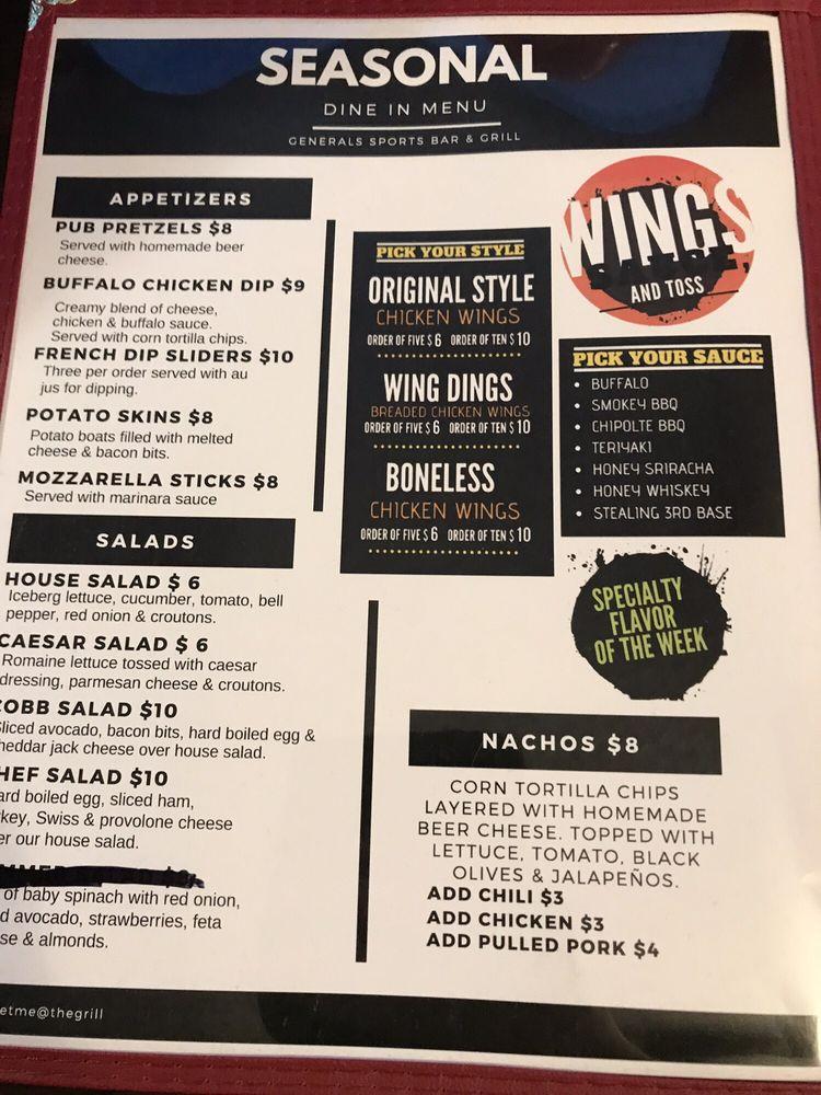 Menu at Generals Sports Bar and Grill, Weare
