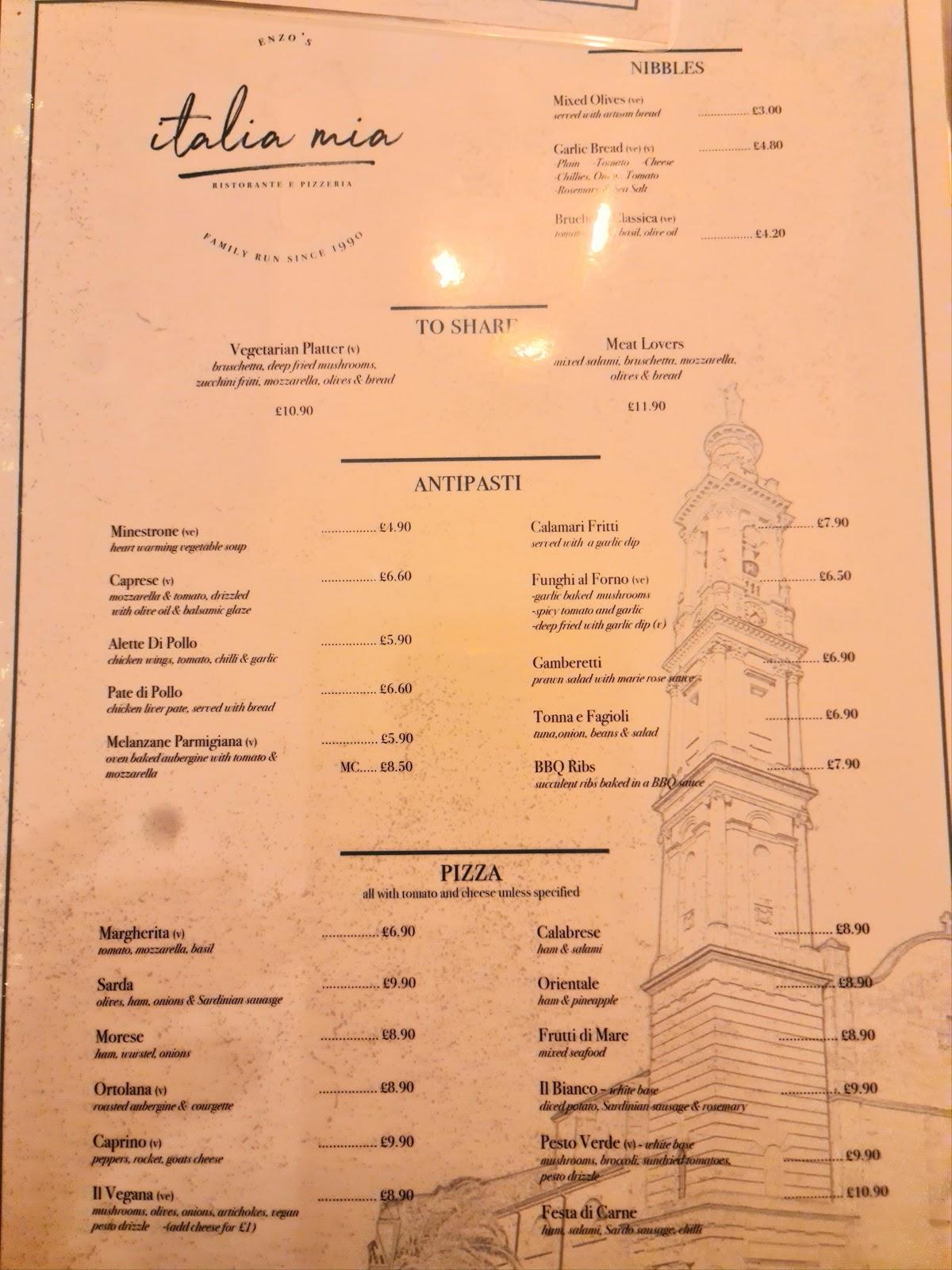 Menu at Italia Mia restaurant, Manchester