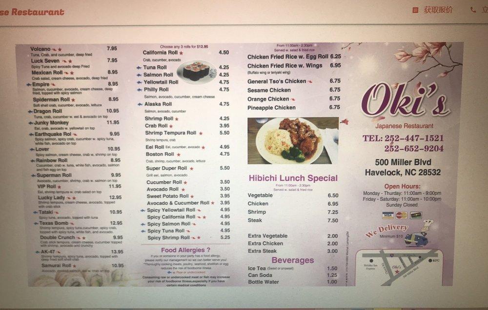 Menu at Oki's Japanese Restaurant, Havelock