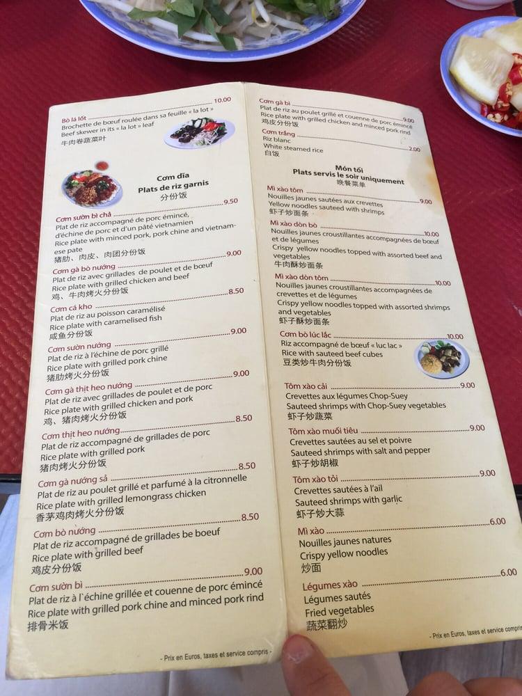 Menu at Pho Bida Viet Nam restaurant, Paris