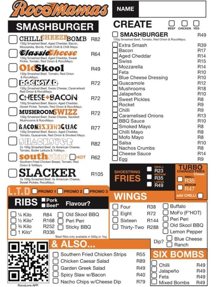 Menu at RocoMamas Gateway restaurant, Umhlanga