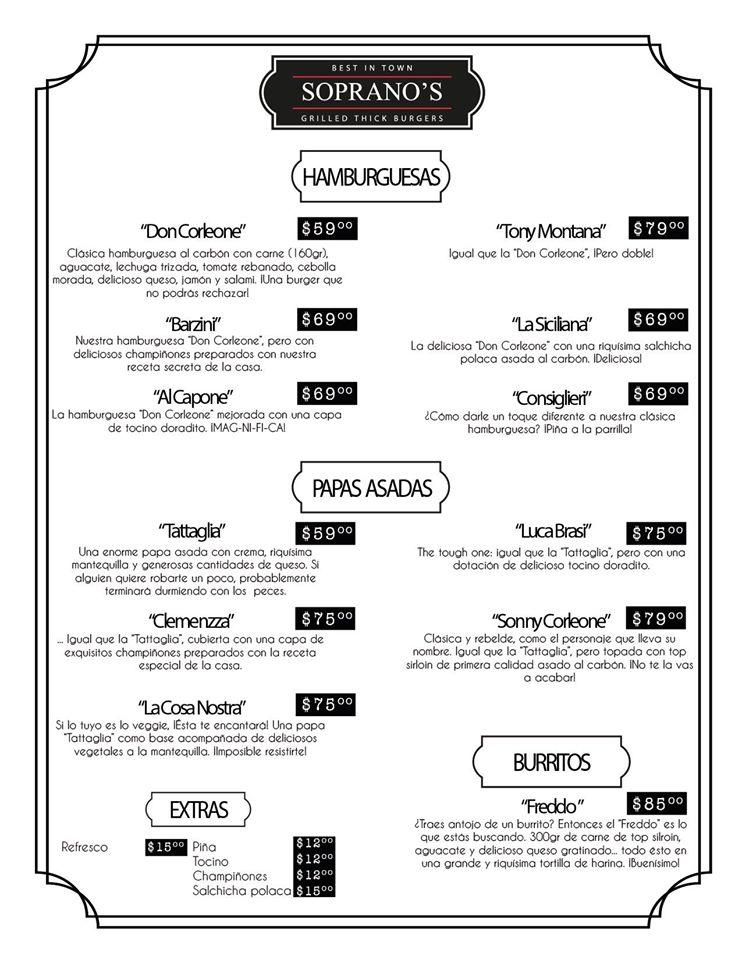 Menu at Sopranos restaurant, Monterrey