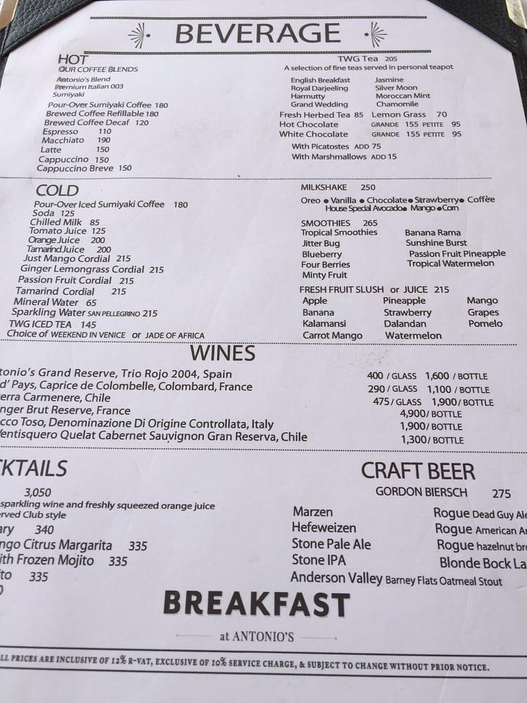 Menu at Breakfast at Antonio's restaurant, Tagaytay