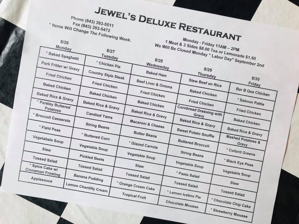 Menu at Jewel's Deluxe Restaurant, Darlington