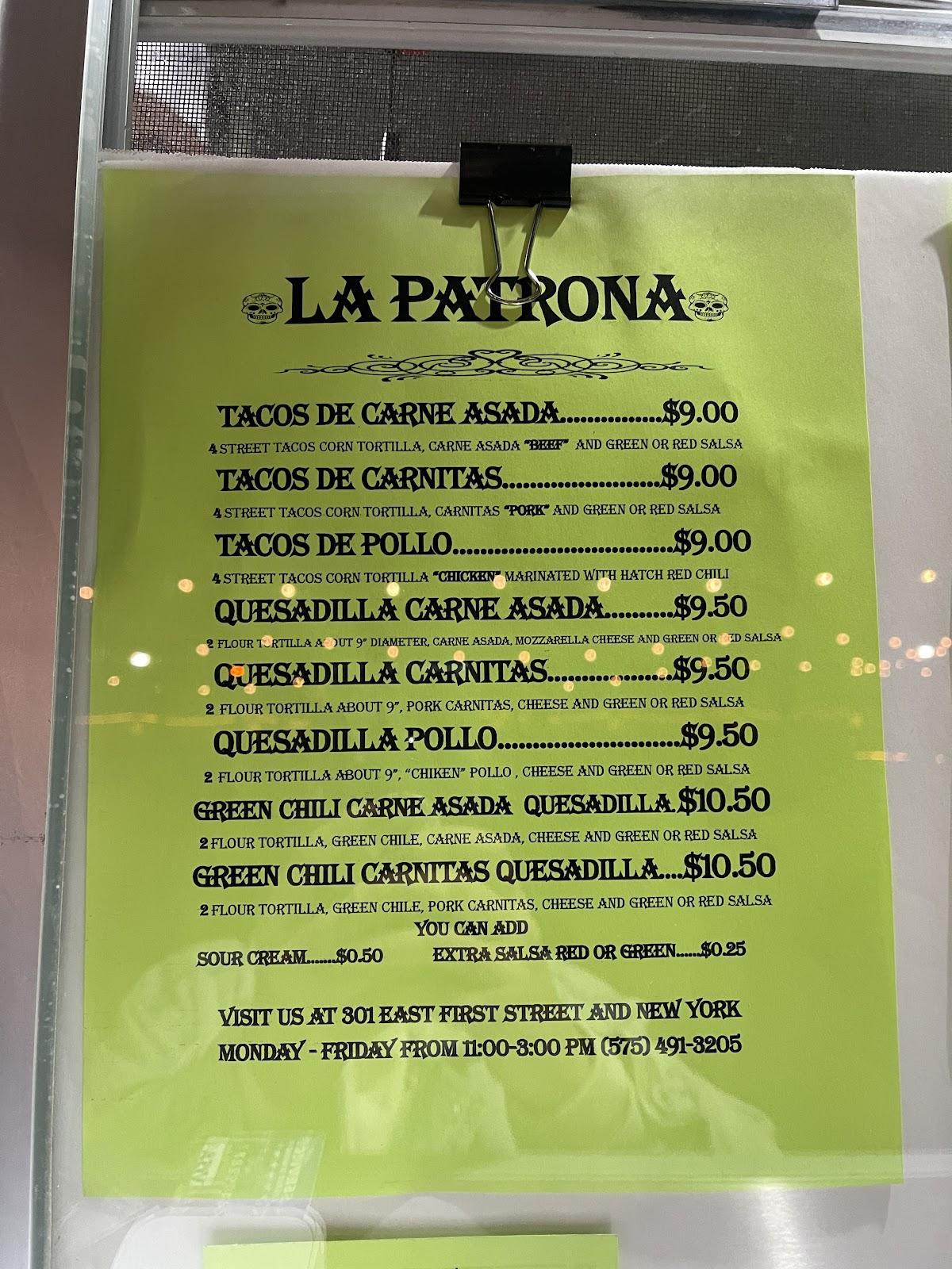 Menu at La Patrona Food Truck restaurant, Alamogordo