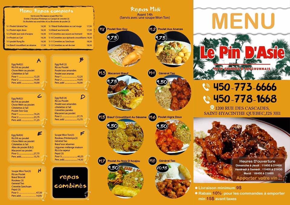 Menu au Le Pin D'Asie restaurant, Saint-Hyacinthe