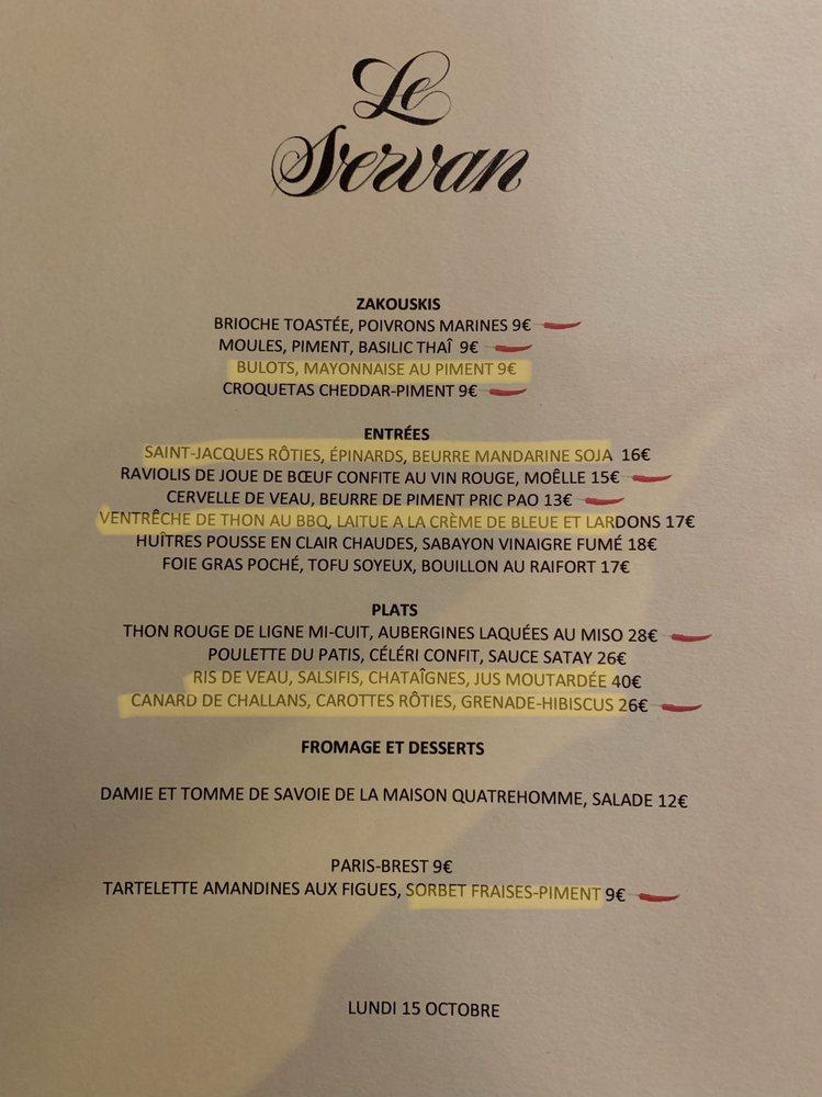 Menu au Le Servan restaurant, Paris
