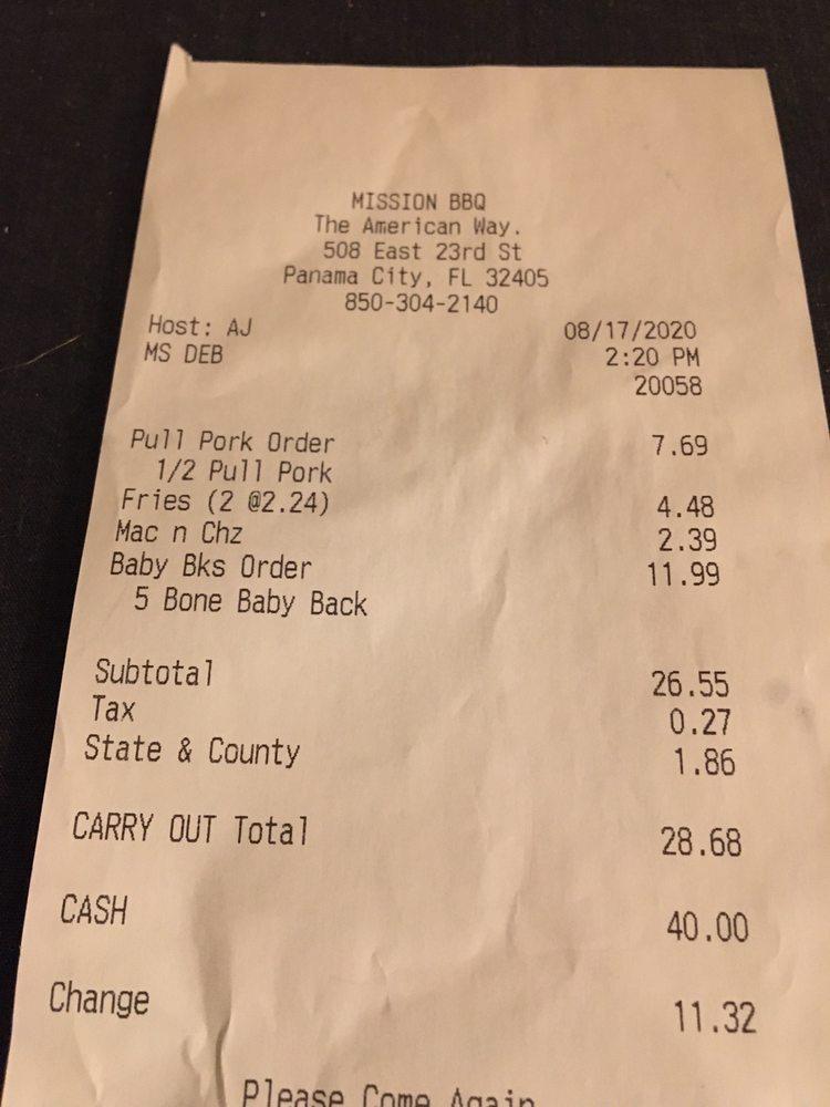 Menu at Mission Bbq, Panama City, 508 E 23rd St