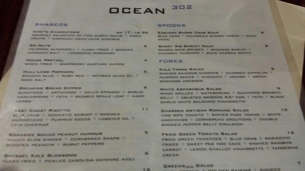 Menu at Ocean 302 steakhouse, Melbourne Beach