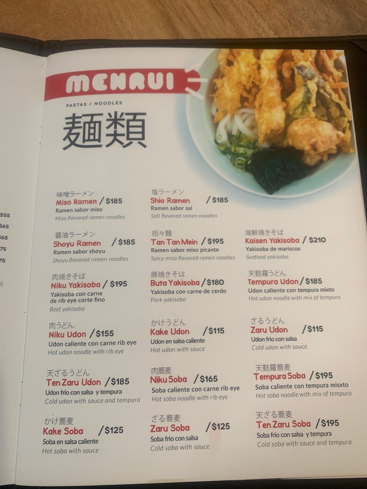 Menu at IRORI restaurant, Guadalajara