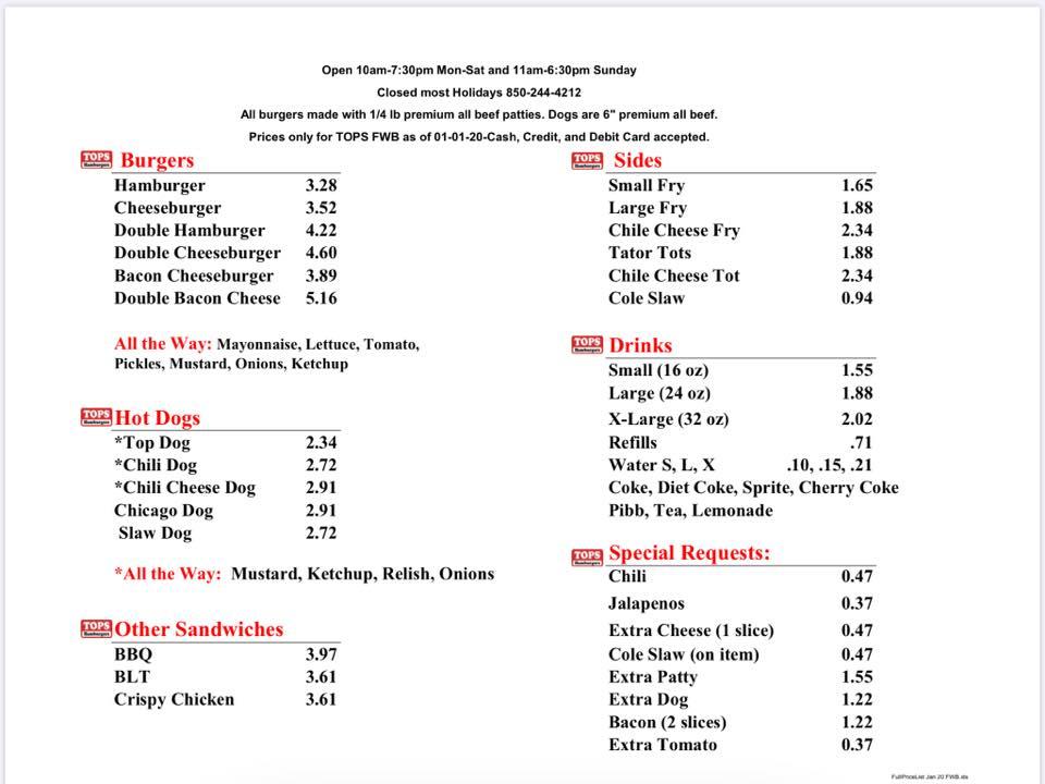 Menu at Tops Choice Hamburgers restaurant, Fort Walton Beach