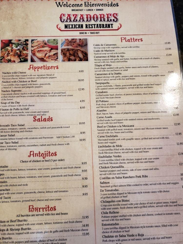 Menu at Cazadores Mexican Restaurant, Somers Point