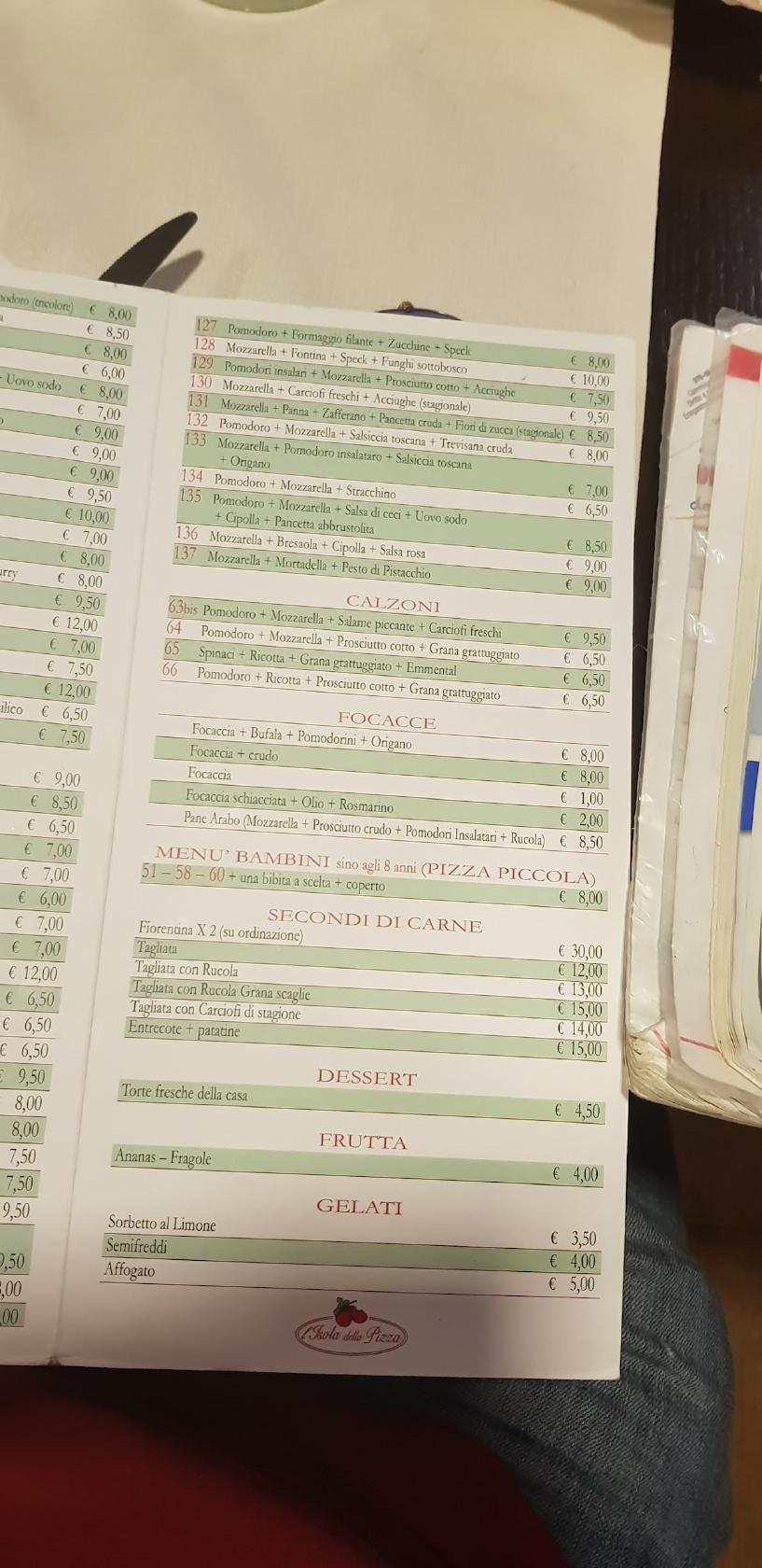Menu da Isola della Pizza pizzeria, Milano, Via Mecenate