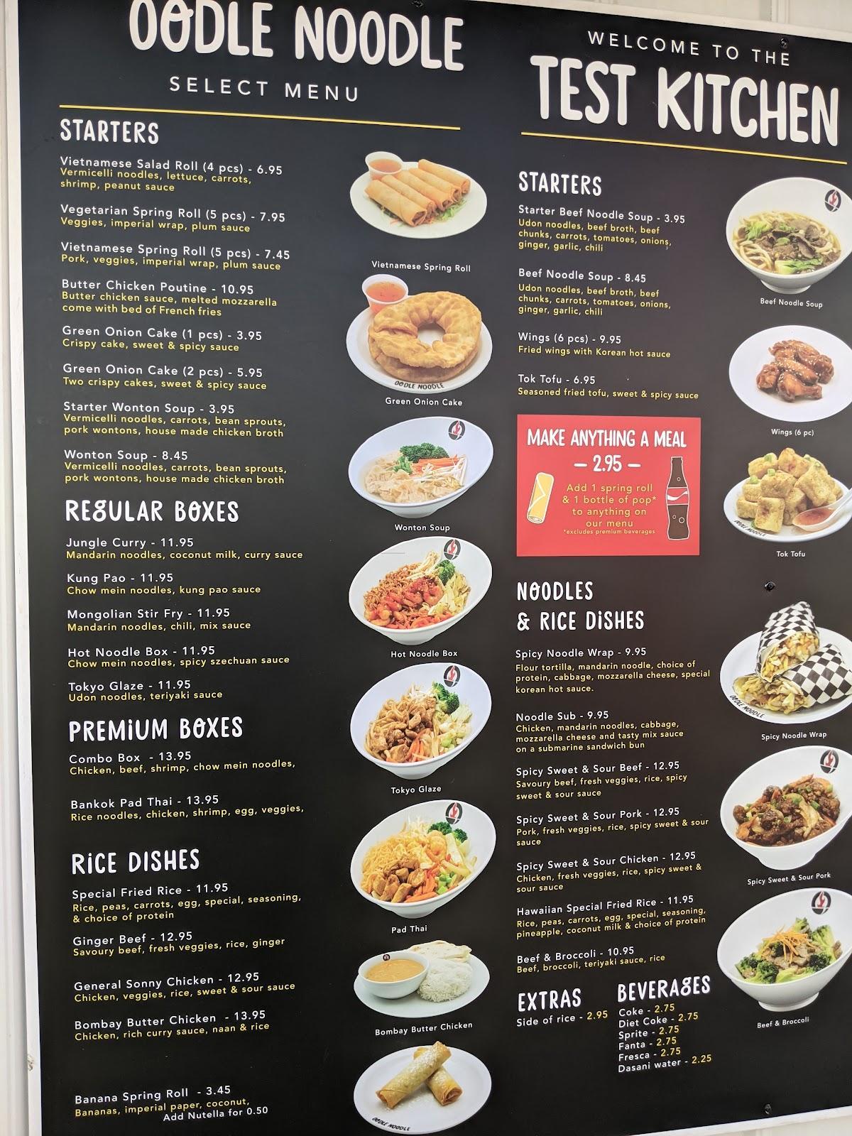 Menu at Oodle Noodle Test Kitchen restaurant, Edmonton, 72 St NW