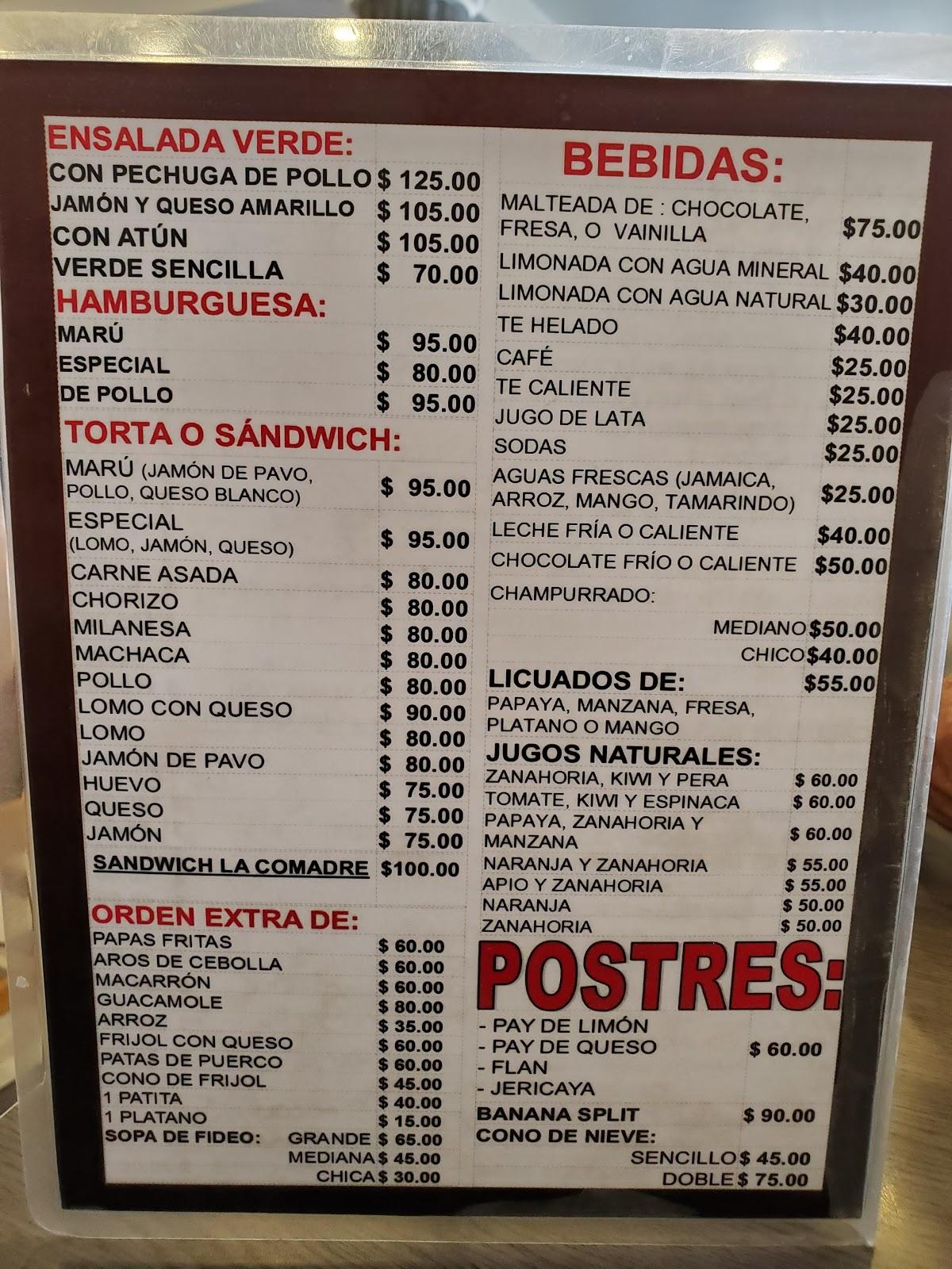 Menu at Tacos Maru restaurant, Ensenada