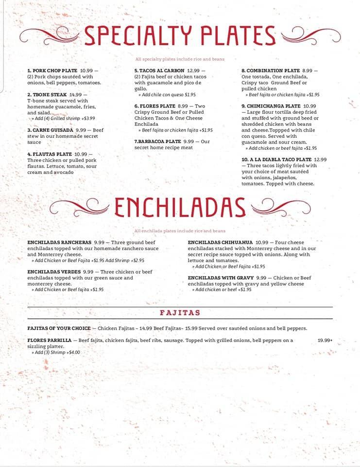Menu at Taquería Flores restaurant, Santa Fe