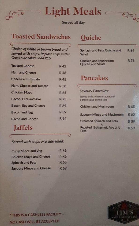 Menu at Tim’s Cafe, Benoni