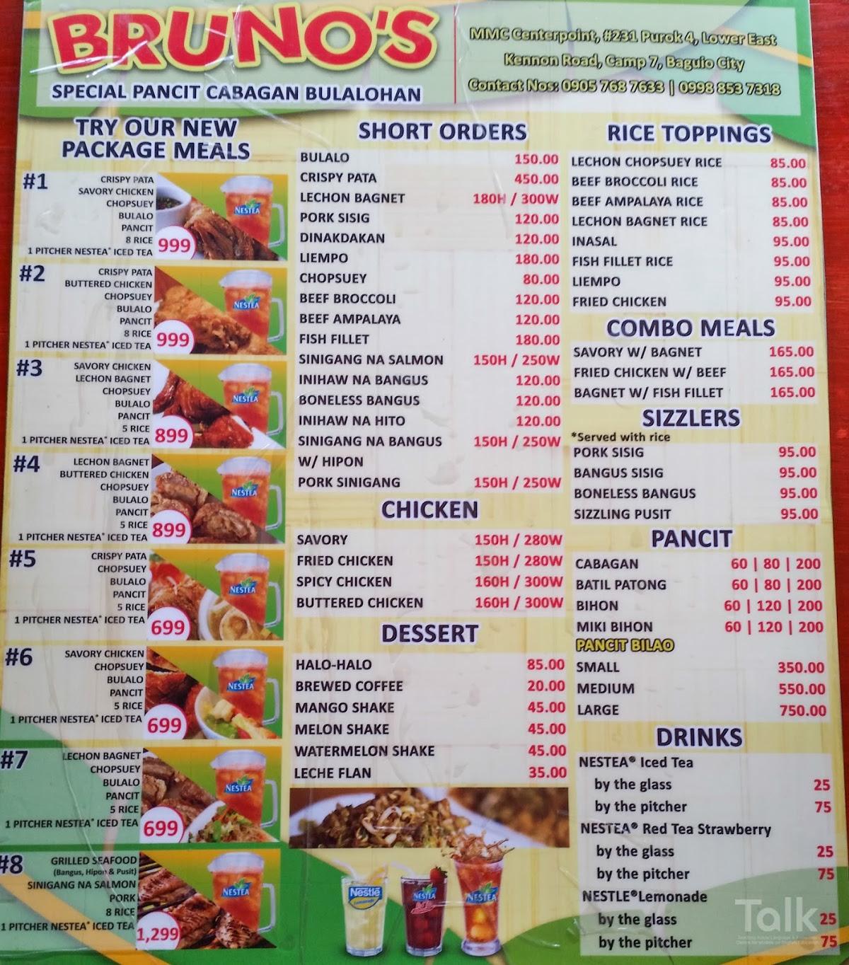 Menu at Bruno's Restaurant, Baguio, 231