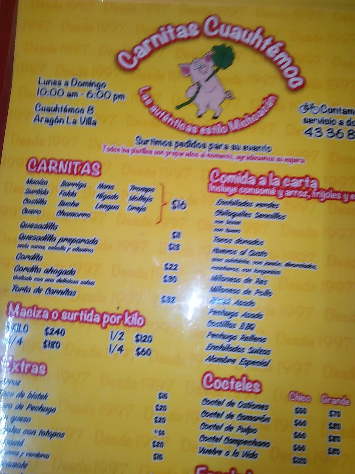 Menu at CARNITAS CUAUHTEMOC restaurant, Mexico City, Cuauhtémoc